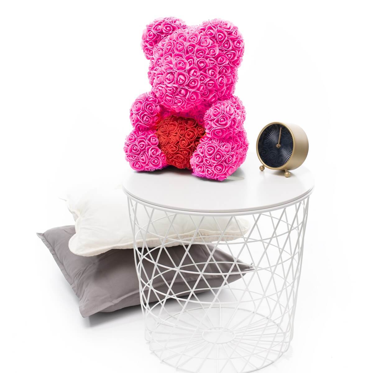 XXL rožinis rožių meškiukas su raudona širdele dėžutėje | Gintarės Gėlės