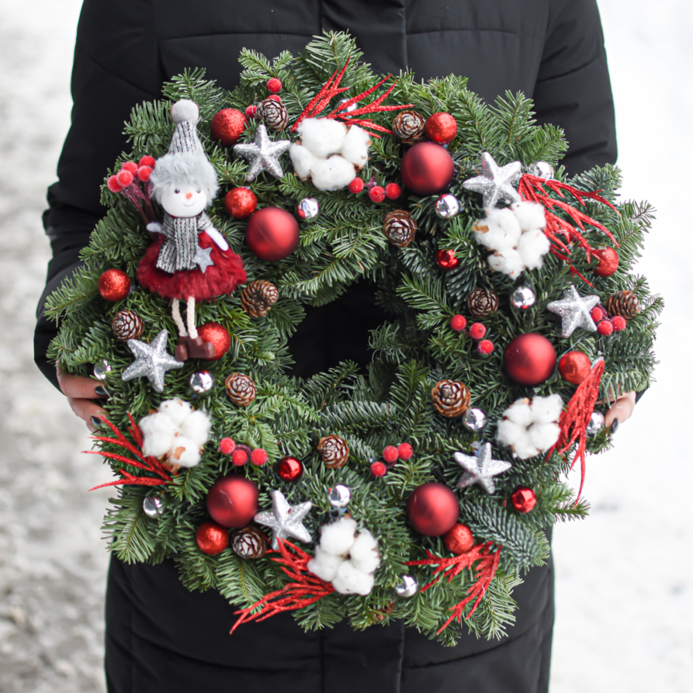 Dvipusis kalėdinis vainikas „Raudoni burbulai“ | Gintarės Gėlės